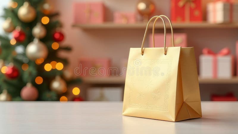 Festive Holiday Gift Bag in Cozy Christmas Setting with Decorated Tree ...