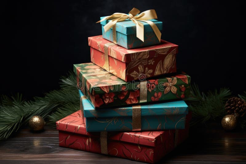 Festive Holiday Gift Boxes Stacked on Each Other Stock Photo - Image of ...