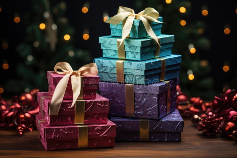 Festive Holiday Gift Boxes Stacked on Each Other Stock Image - Image of ...