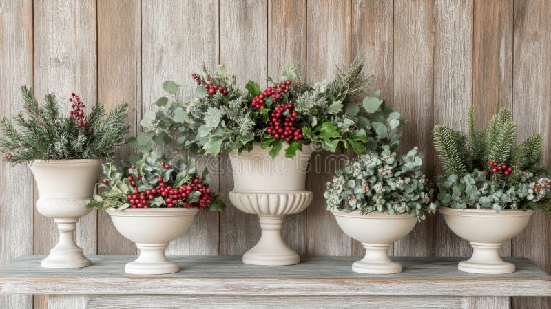 Festive Holiday Greenery in Elegant White Urns Stock Illustration ...