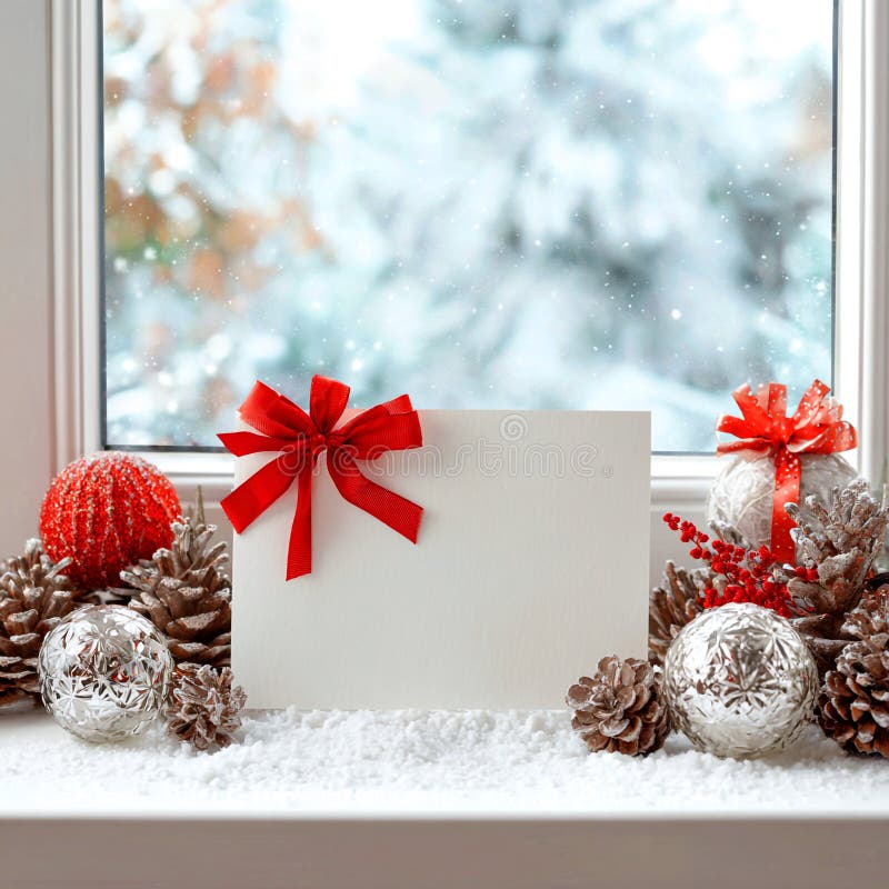 Festive Holiday Greeting Card Mockup Winter Window Scene Stock ...