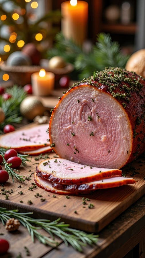 Festive Holiday Ham with Herbs and Candles on Rustic Table Stock Photo ...
