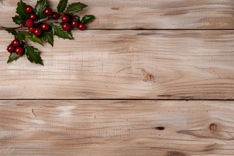 Festive Holiday Holly Berries on Wooden Background Stock Illustration ...