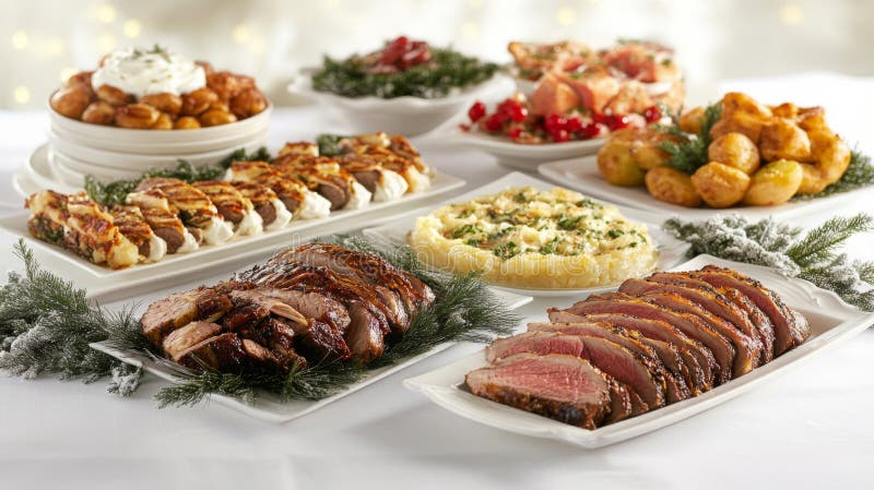 Festive Holiday Roast Beef and Side Dishes Platter Stock Illustration ...