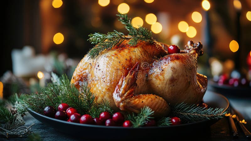 Festive Holiday Roast Turkey with Cranberries and Pine Decorations ...