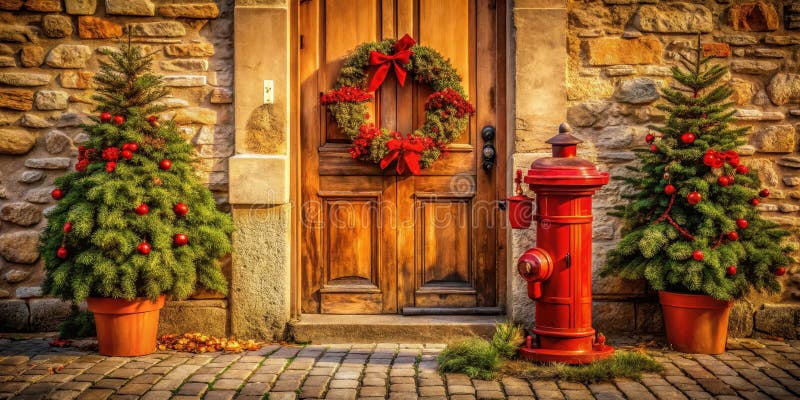 Festive Holiday Scene with Decorated Trees and a Red Fire Hydrant ...