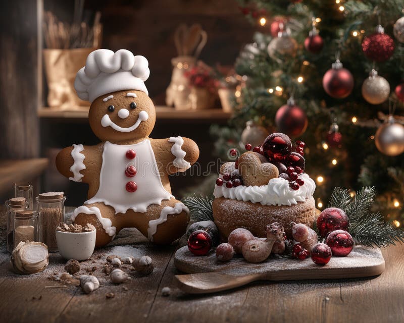 Festive Holiday Scene Featuring Gingerbread Man and Decorated Cake ...