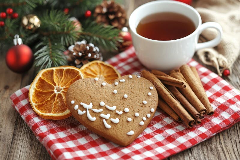 Festive Holiday Scene with Gingerbread Cookie, Cinnamon Sticks, and Hot ...