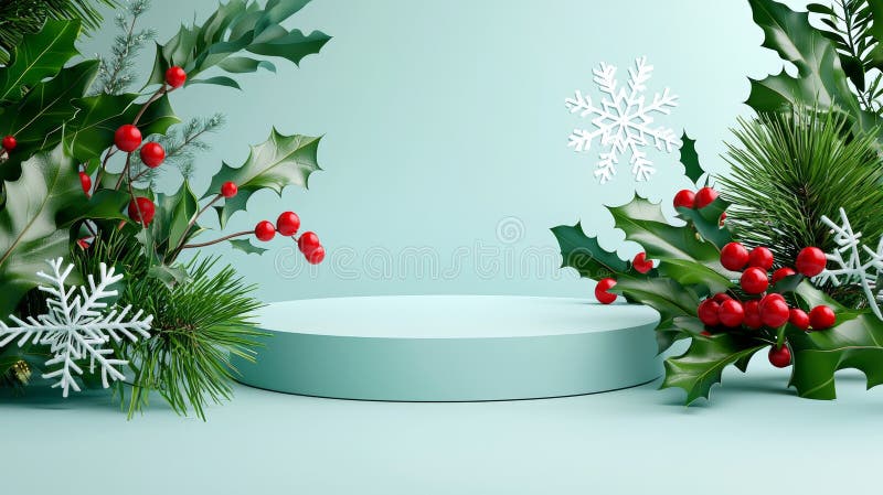 Festive Holiday Scene with Snowflakes and Greenery Display Stock ...