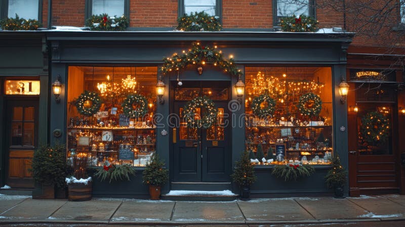 Festive Holiday Shop Window Display in Snowy Setting Stock Illustration ...