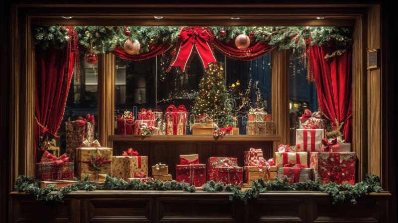 Festive Holiday Storefront Display with Gifts Stock Illustration ...