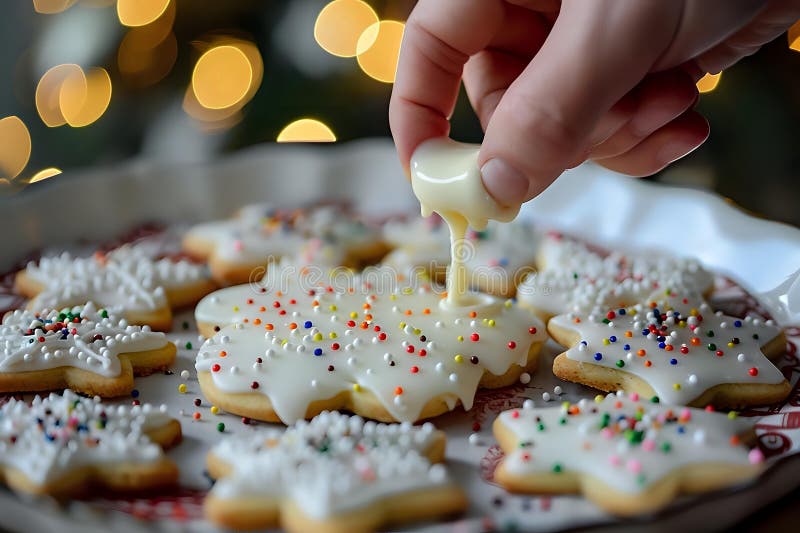 Festive Holiday Sugar Cookies with White Icing and Sprinkles Stock ...