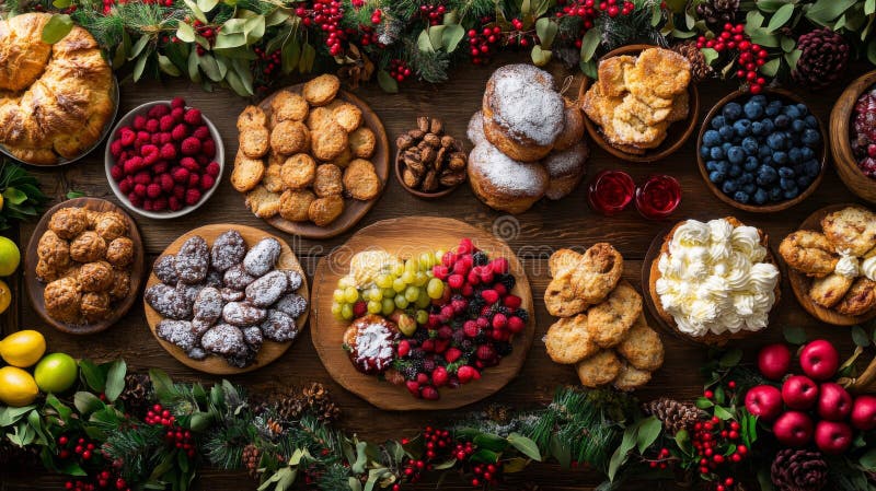 Festive Holiday Table with Assorted Baked Goods and Fruits Stock ...
