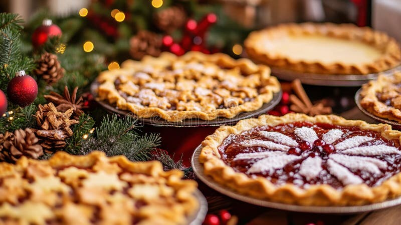 Festive Holiday Table with Assorted Homemade Christmas Pies Stock Image ...