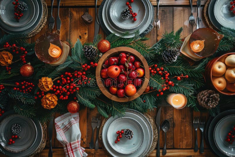 Festive Holiday Table Setting with Candlelight and Seasonal Decorations ...