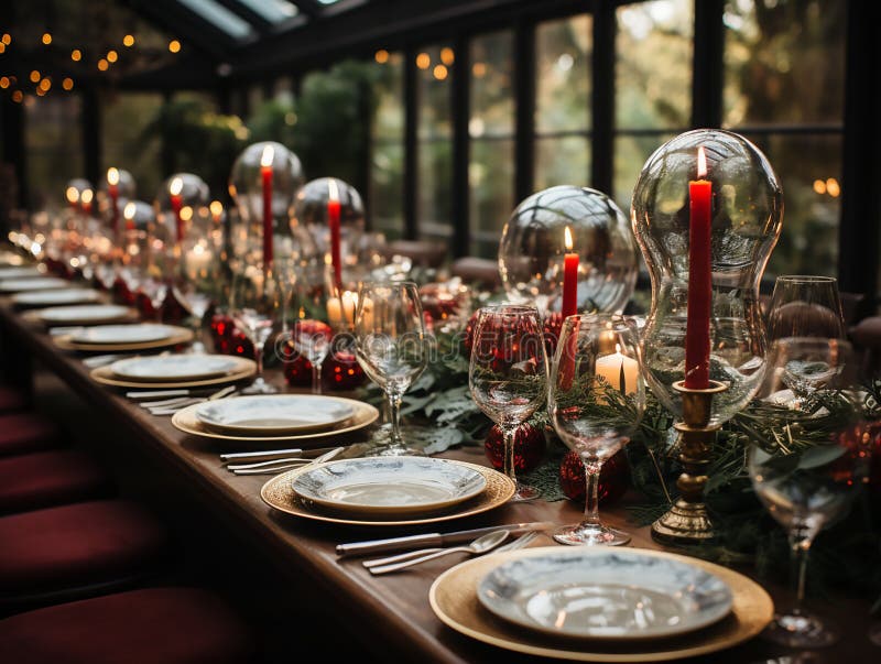 A Festive Holiday Table Setting Stock Photo - Image of lighting, glass ...