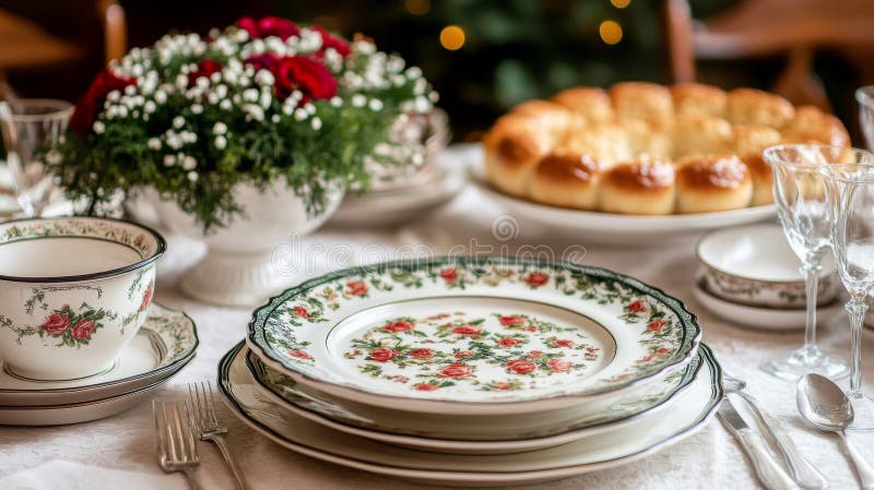 Festive Holiday Table Setting with Floral Plates and Bread Stock ...