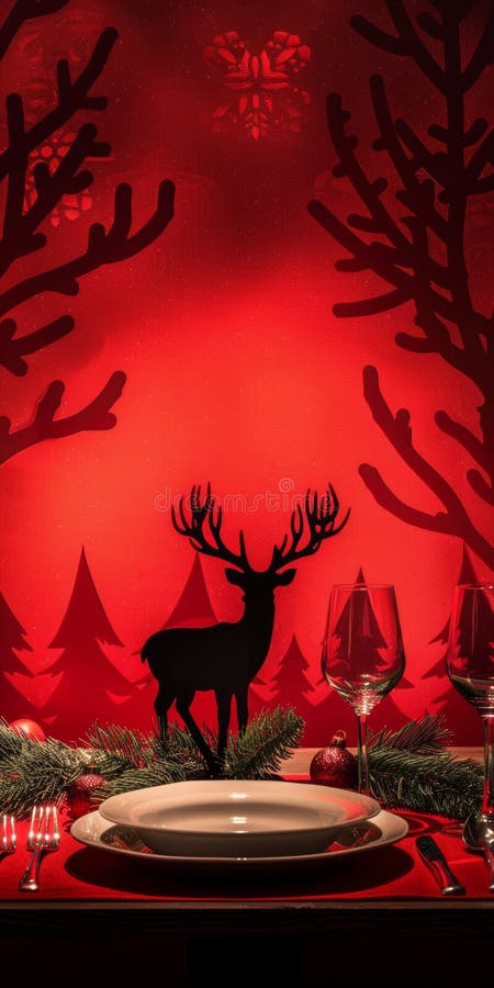Festive Holiday Table Setting with Silhouette of Deer and Red ...