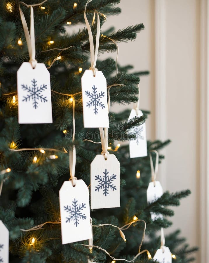 Festive Holiday Tags Hanging on Decorated Tree with Glowing Lights ...