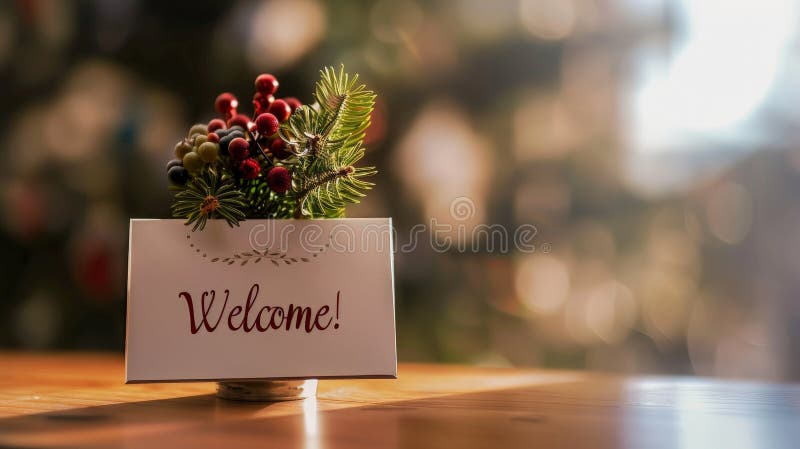 Festive Holiday Welcome Sign with Pine Branches and Berries Stock ...