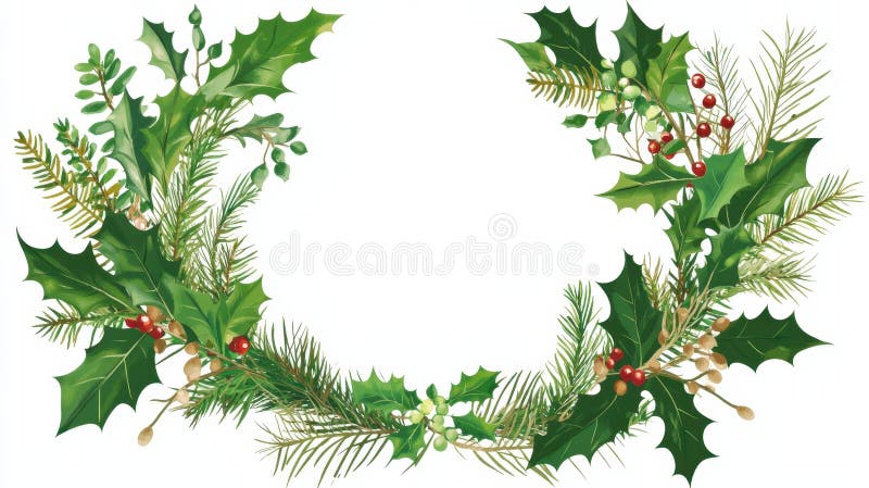 Festive Holiday Wreath with Holly, Pine, and Berries Illustration Stock ...
