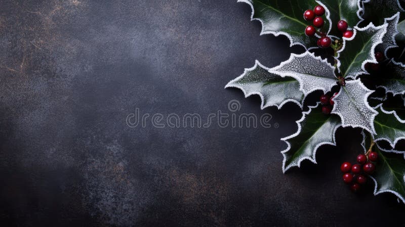 Festive Holly Berries on Dark Textured Background for Christmas Stock ...