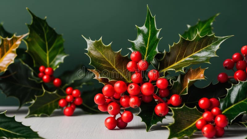 Festive Holly Berries and Leaves on Green Background. Stock Photo ...