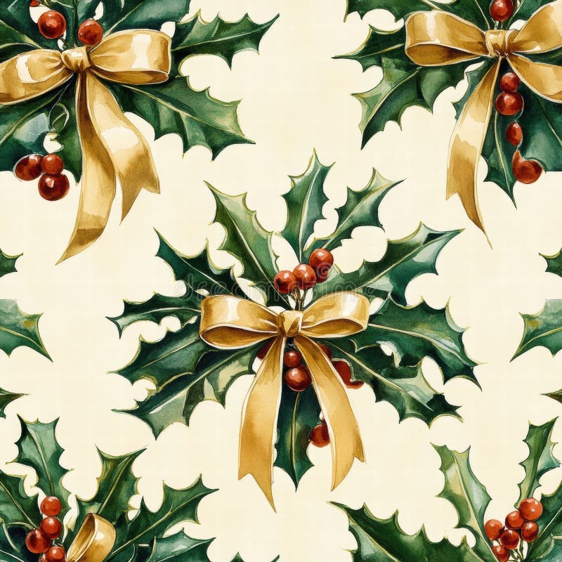 Festive Holly with Bows and Berries Pattern Design Stock Image - Image ...