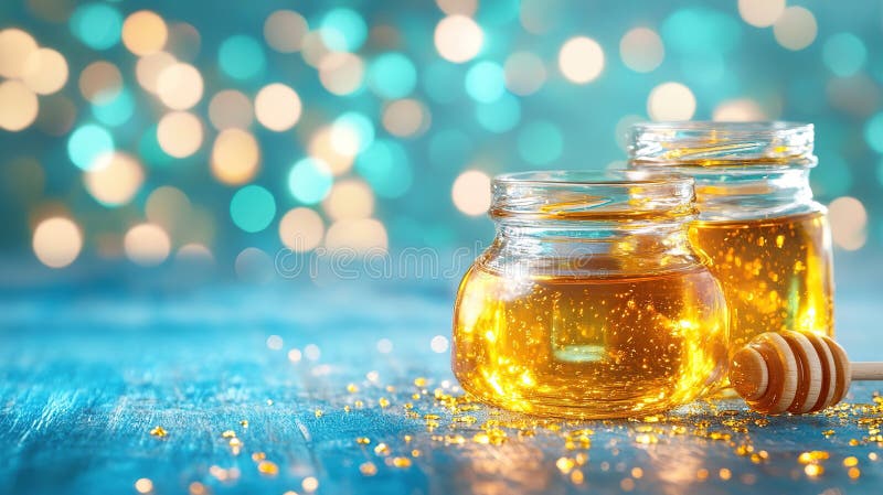 Festive Honey Jars on Blue Wood, Bokeh Background Stock Image - Image ...