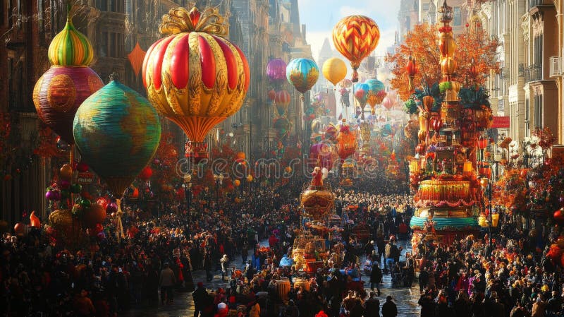 Festive Hot Air Balloons and Crowd during a City Parade Stock ...