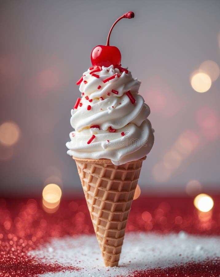 Festive Ice Cream Cone on Red and White Glitter Background for Holiday ...