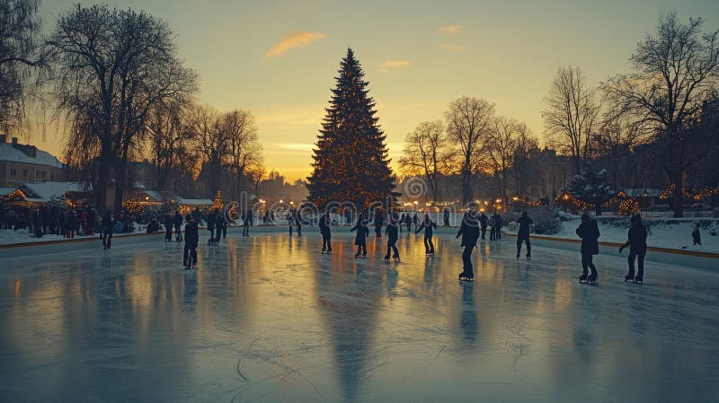 A Festive Ice Skating Scene at Sunset, Featuring a Decorated Christmas ...