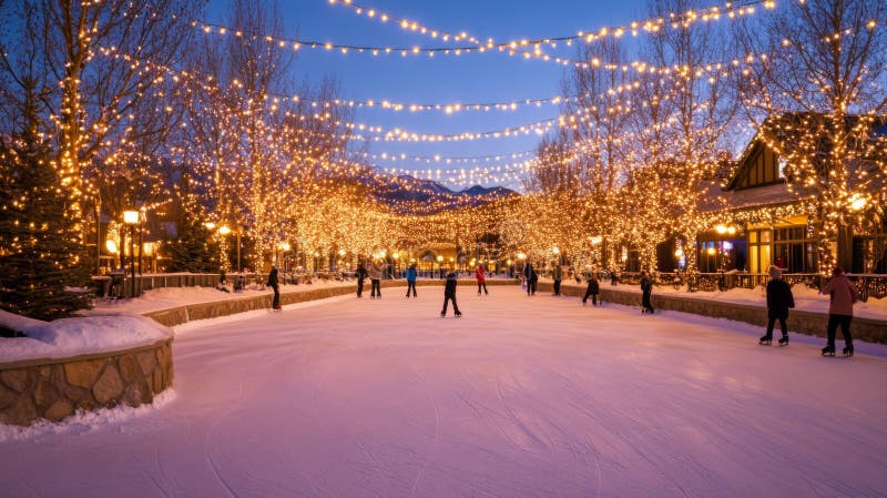 Festive Ice Skating Scene Under Twinkling Lights Stock Illustration ...