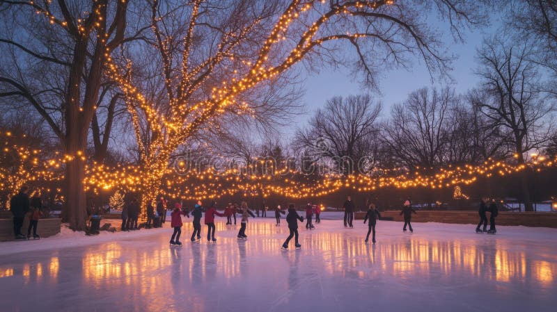 Festive Ice Skating Under Twinkling Winter Lights Stock Illustration ...