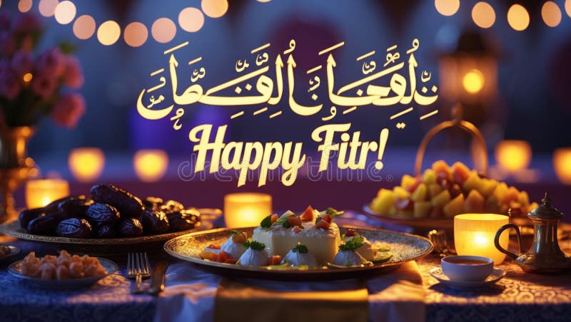 Festive Iftar Table with Dates, Sweets, and Arabic Calligraphy for ...