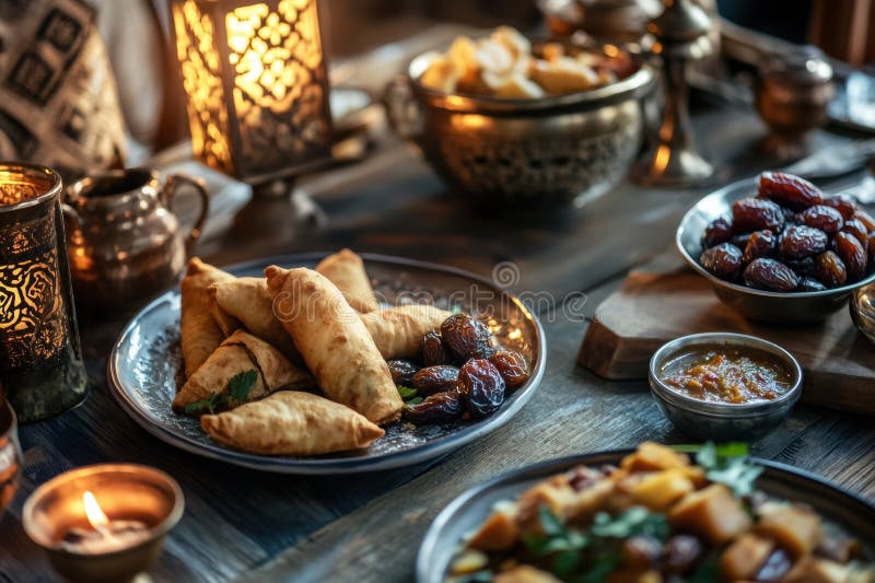 Festive Iftar Table Setting with Samosas, Dates, and Traditional ...