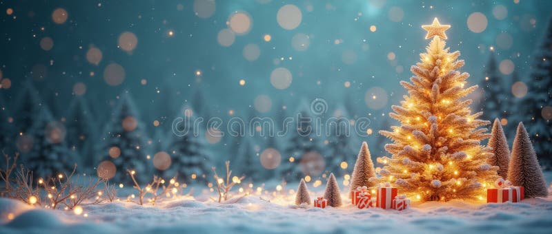 Festive Illuminated Christmas Tree in a Snowy Forest with Gift Boxes ...