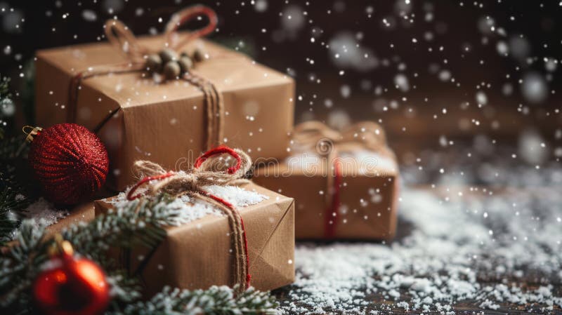 Rustic Christmas Gift Boxes on Snow with Ornament and Wooden Background ...