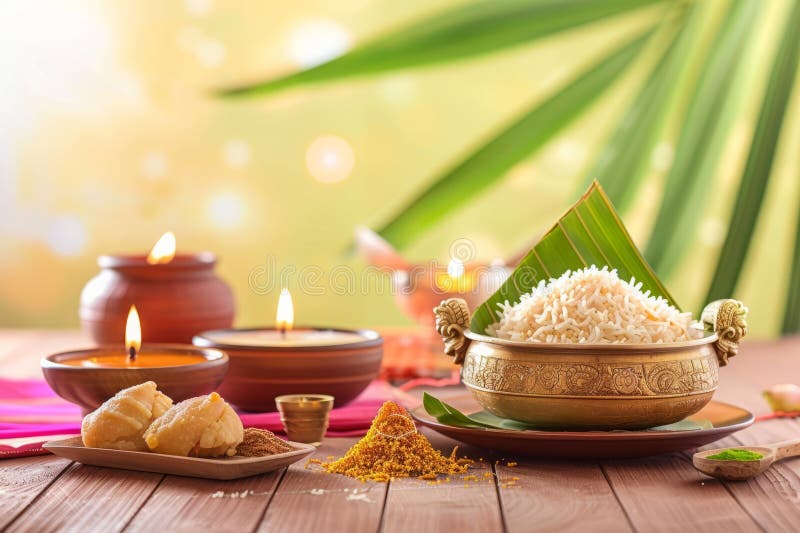Festive Indian Feast with Rice, Spices, and Traditional Decor Stock ...