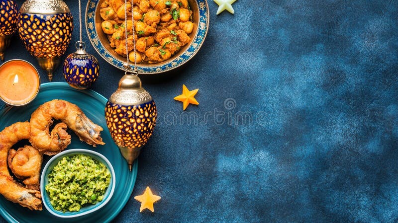 Festive Indian Seafood Dinner, Ramadan, Dark Blue Background, Copy ...