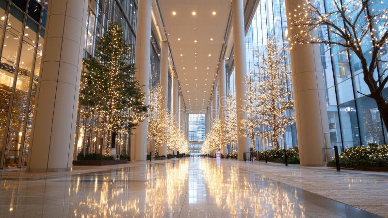 Festive Indoor Corridor with Christmas Lights and Decorated Trees in ...