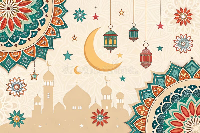 Festive Islamic Design with Crescent Moon, Lanterns, and Mandala ...