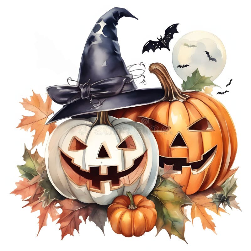 Festive Jack O Lanterns with Witch Hat, Autumn Leaves and Bats ... Festive Jack O Lanterns with Witch Hat, Autumn Leaves and Bats ...