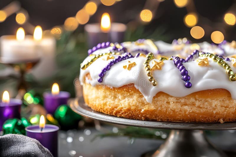 Festive King Cake with Icing and Beads in Candlelight Setting, Mardi ...