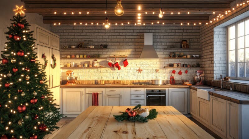 Festive Kitchen Backdrop with Empty Wooden Table in Stock Illustration ...