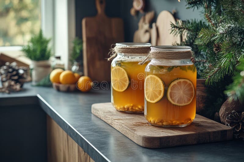 Festive Kombucha Display, Kombucha Jars in a Stylish Kitchen with ...