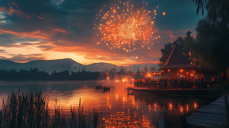 Festive Lakeside Fireworks Display at Sunset, People Gathered on Dock ...