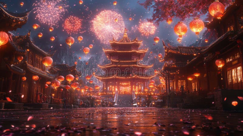 Festive Lanterns and Fireworks Illuminate Ancient Chinese Town Stock ...