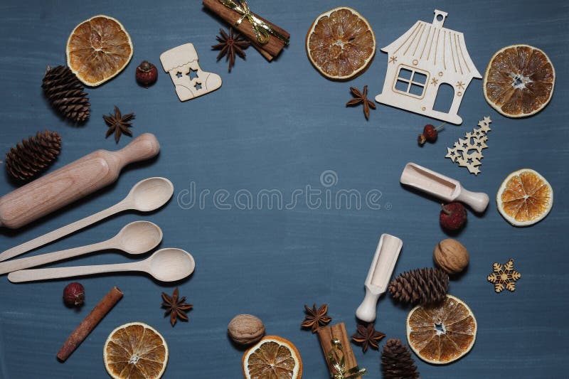 Festive Layout of Kitchen Utensils and Spices for Christmas Baking.Flat ...