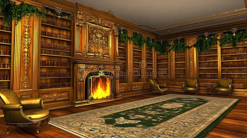 Festive Library Interior, Fireplace, Christmas Decor, Bookcases ...